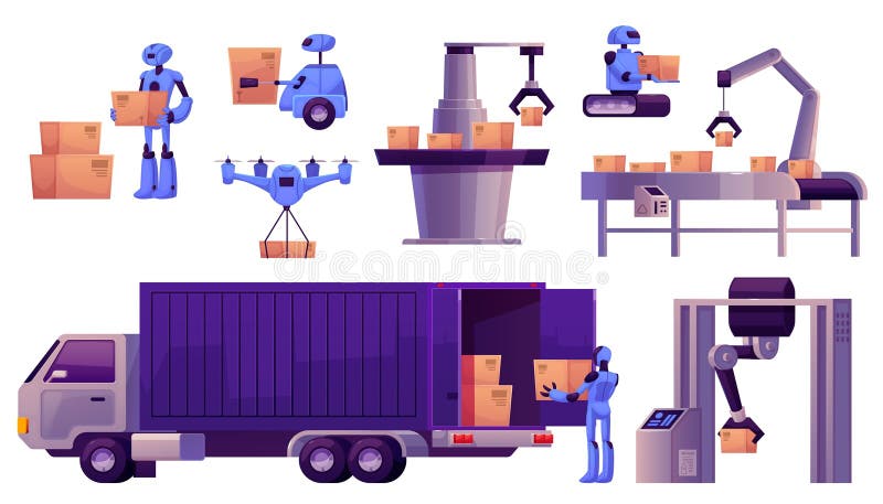 Illustration of Set with Robots, Automated Machines and Drone, Loading ...