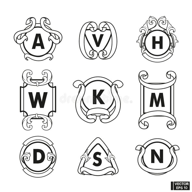 Set of Simple and Elegant Monogram with Scroll. Line Style Stock ...