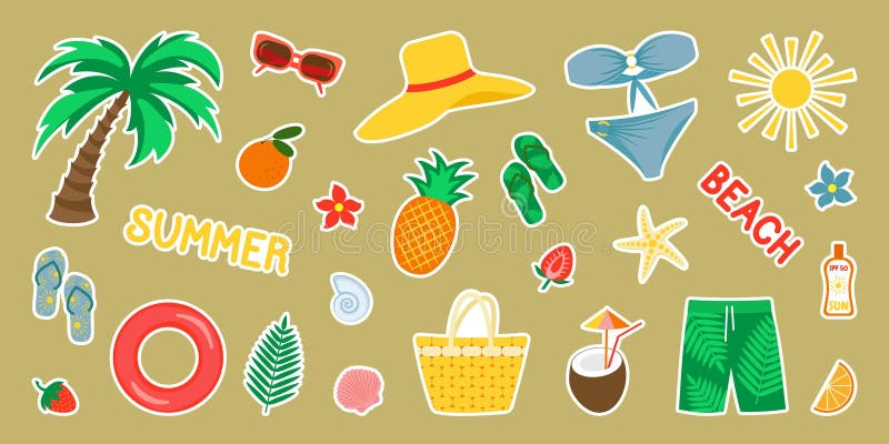 Vector Illustration A Set Of Stickers On The Theme Of Summer Sea