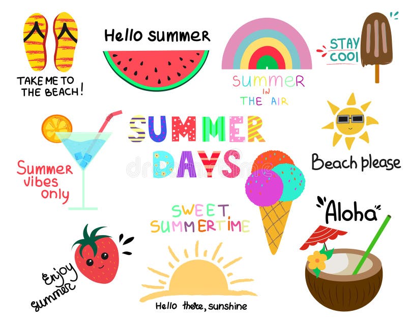 Vector Illustration Set of Summer Themed Colorful Stickers Stock Vector ...