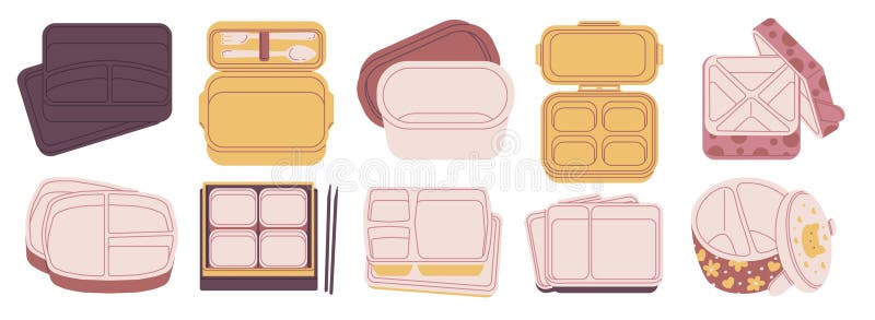 Vector Illustration of a Set with Various Asian Empty Bento Boxes ...
