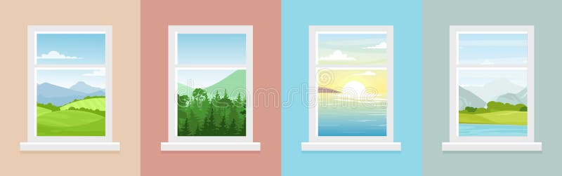 Vector Illustration Set Of Windows With Different Landscapes. Town And ...