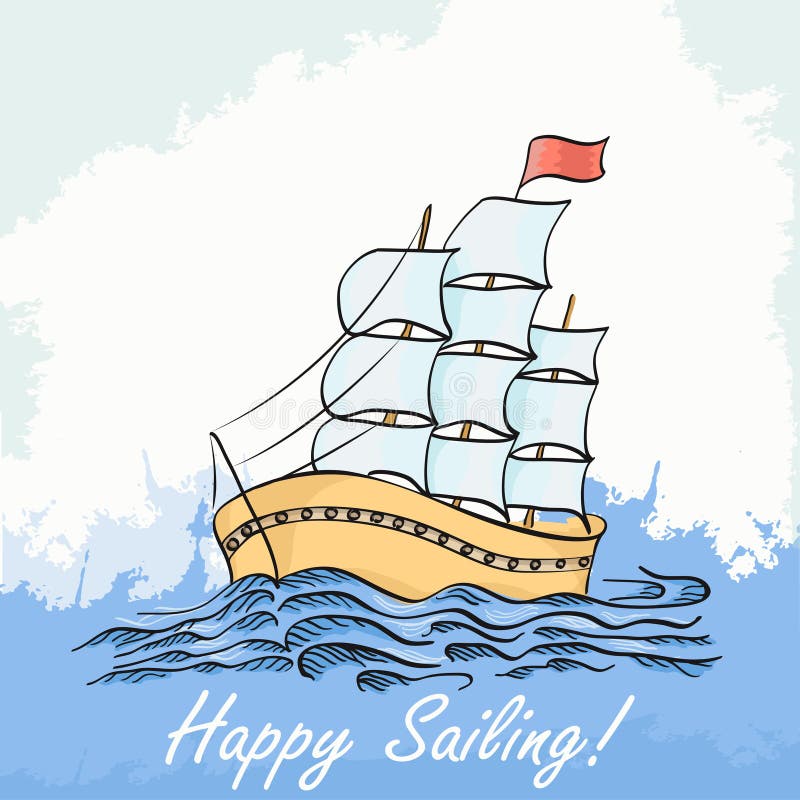 Vector Illustration of a Ship Sailing on the Sea. Hand Drawing Stock ...