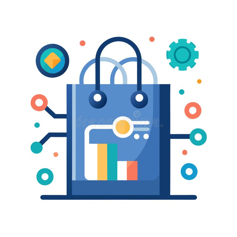 E-commerce Analytics: Shopping Bag with Charts, Connections, and Gear Symbol. Stock Vector ...