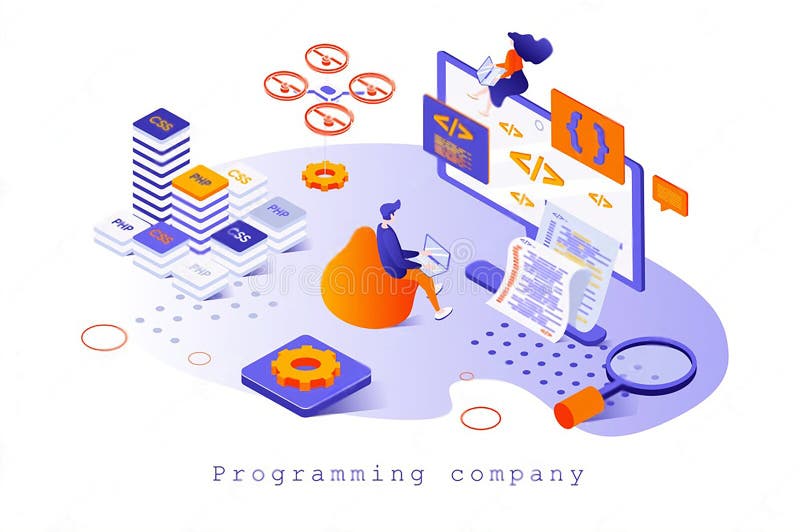 Programming Company Concept in 3D Isometric Design Stock Illustration ...