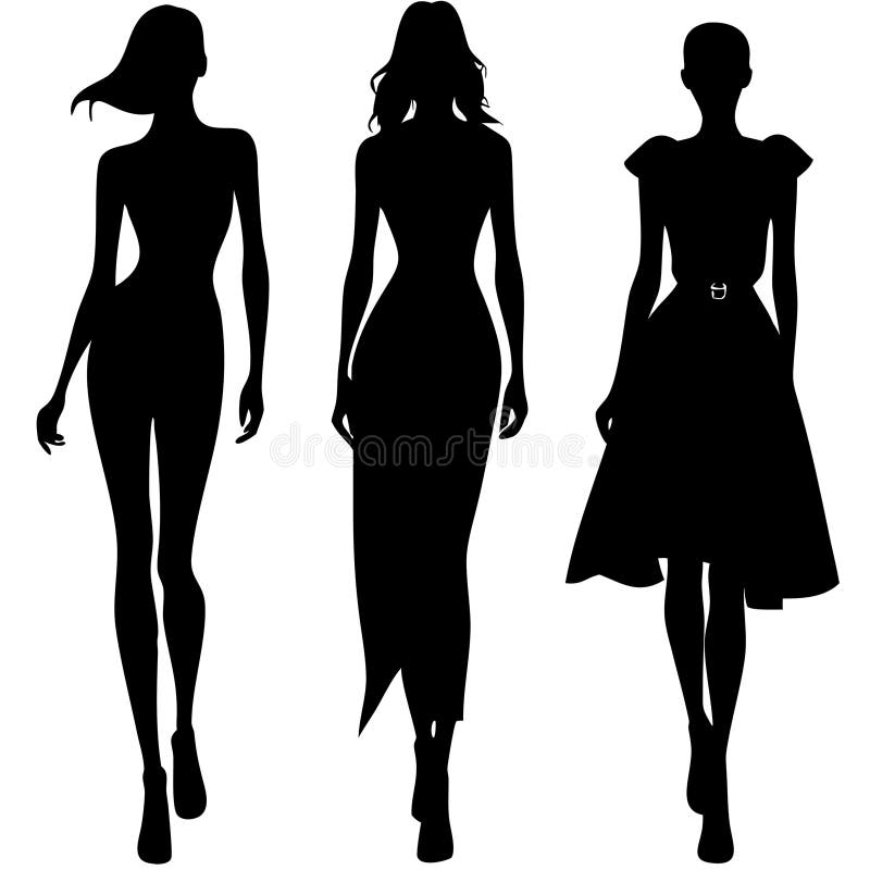 Fashion Silhouettes Vector Illustration Three Stylish Model Outlines ...