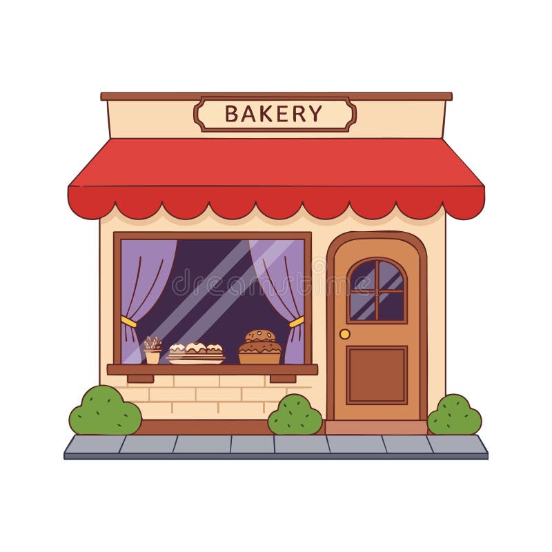 Bakery Storefront with Red Awning and Baked Goods Display Vector ...