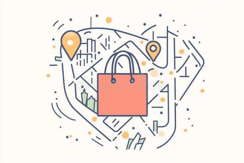 Delivery Route Map Illustration Featuring a Grocery Bag and Location ...