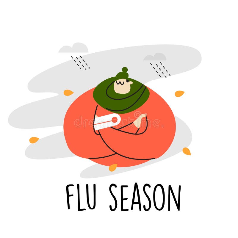 Vector Illustration of Sick Man with Thermometer. Flu Season. Stock ...