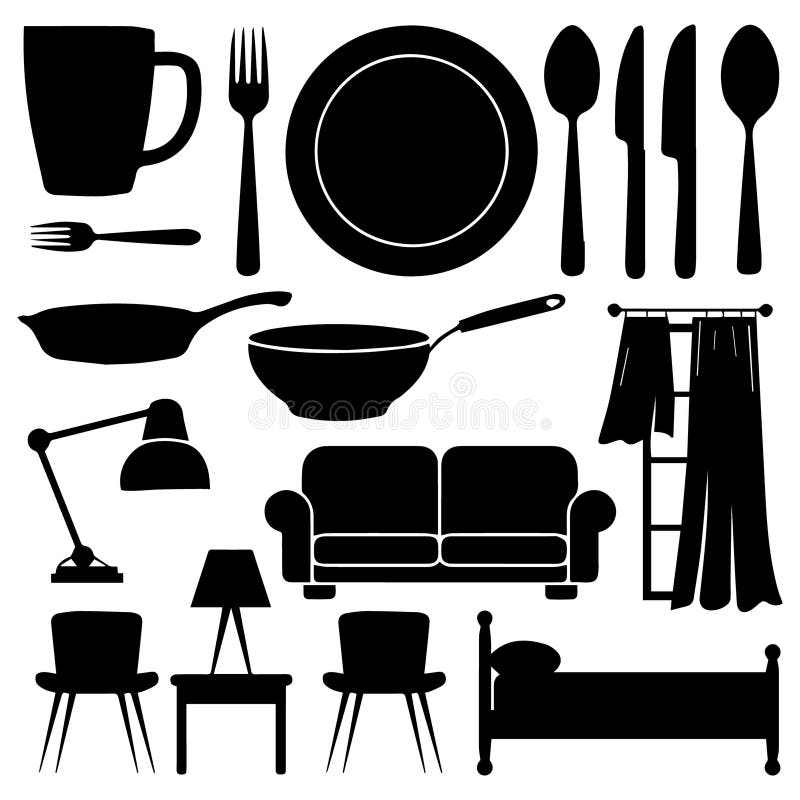Vector Illustration of Silhouettes of Various Household Objects. Stock ...