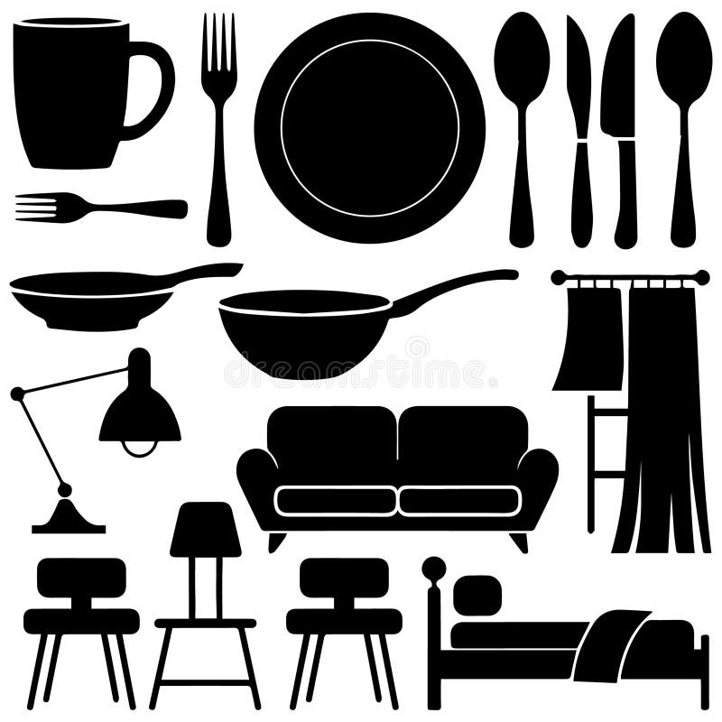 Vector Illustration of Silhouettes of Various Household Objects. Stock ...