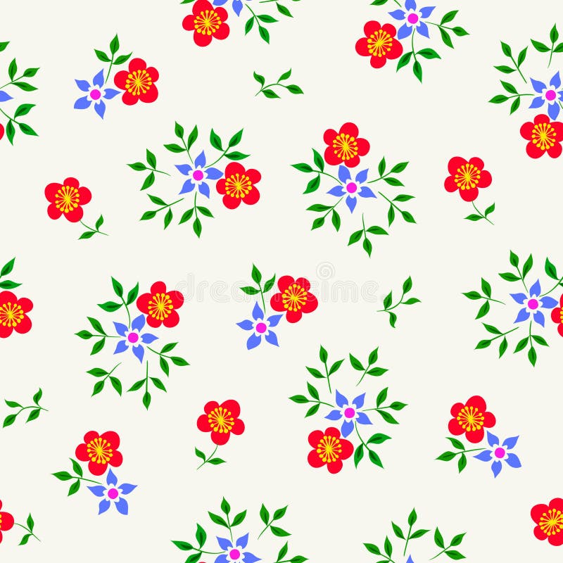 Vector Illustration of Simple Red and Blue Flowers Seamless Pattern ...