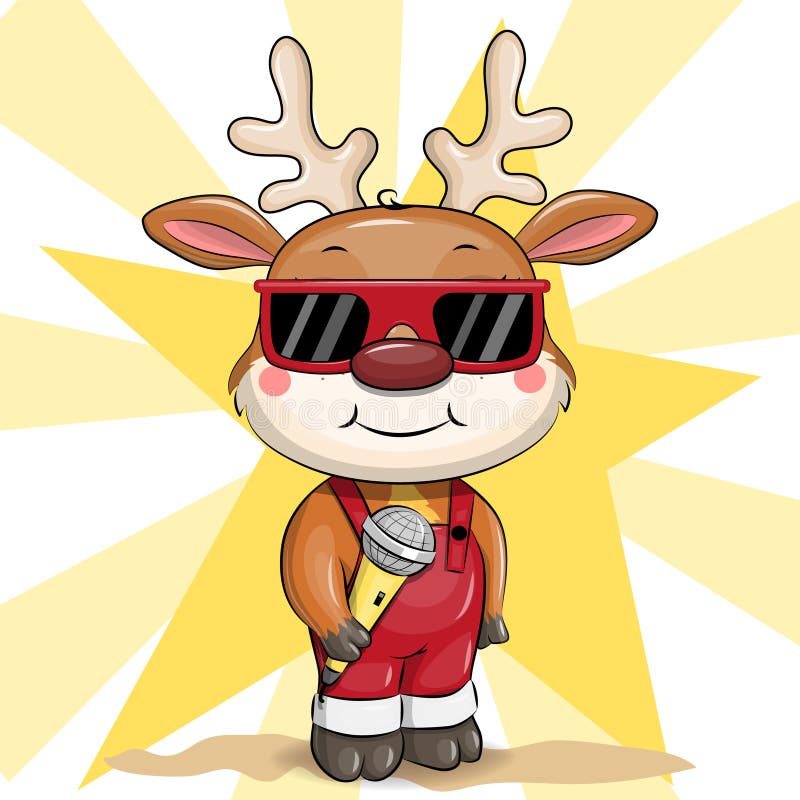 Cute Cartoon Deer with Red Glasses and a Yellow Microphone. Stock ...