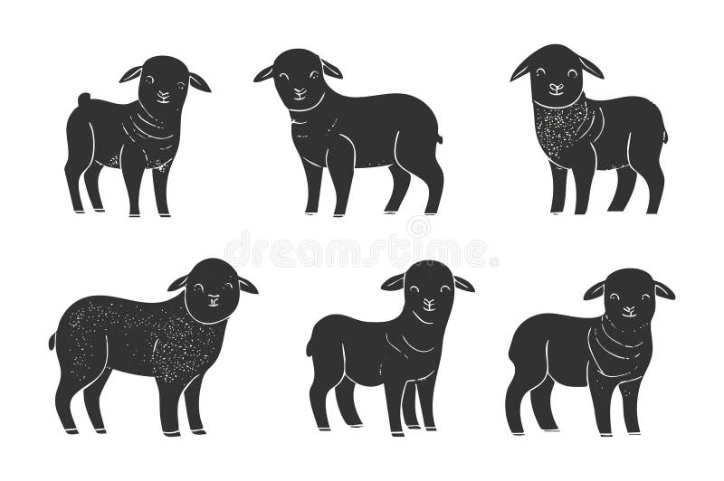 Vector Illustration of Six Black Sheep Silhouettes in Different Poses ...