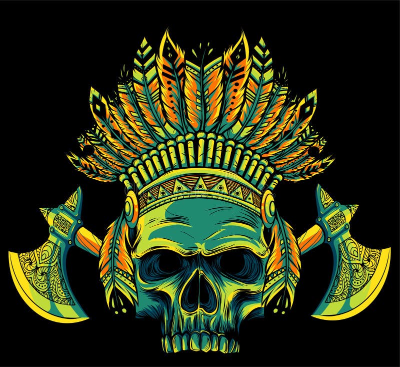 Vector Illustration of Indian Skull and Cross Ax on Black Background ...