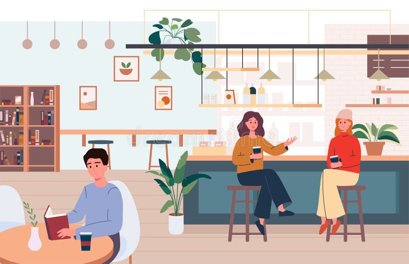 Vector Illustration of a Small Cafe Interior. Two Girls Sitting on Bar ...