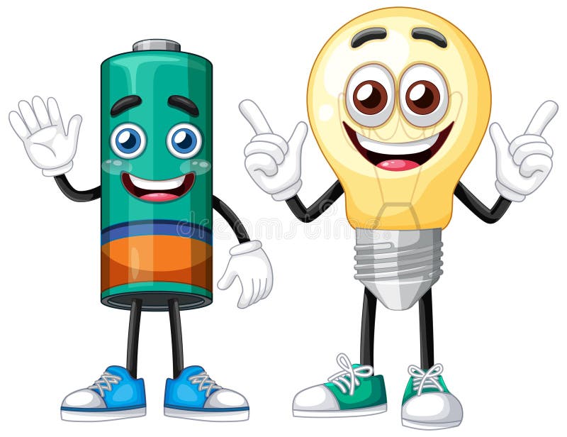 Vector Illustration of a Smiling Battery and Light Bulb Stock Vector ...