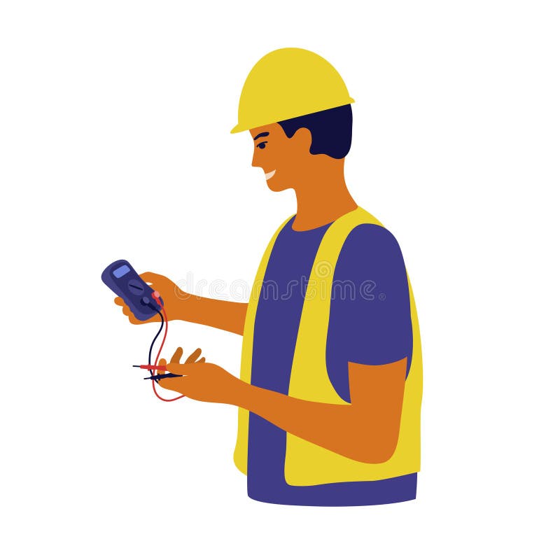 Vector Illustration of Smiling Electrician Holding in Hands Electrical ...