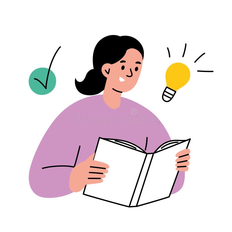 Vector Illustration of a Smiling Student Reading a Book with an Idea ...