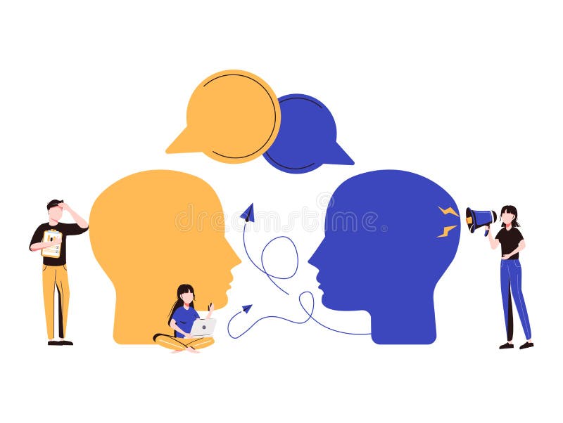 Vector Illustration, Social Communication, Two Big Heads Share Thoughts ...