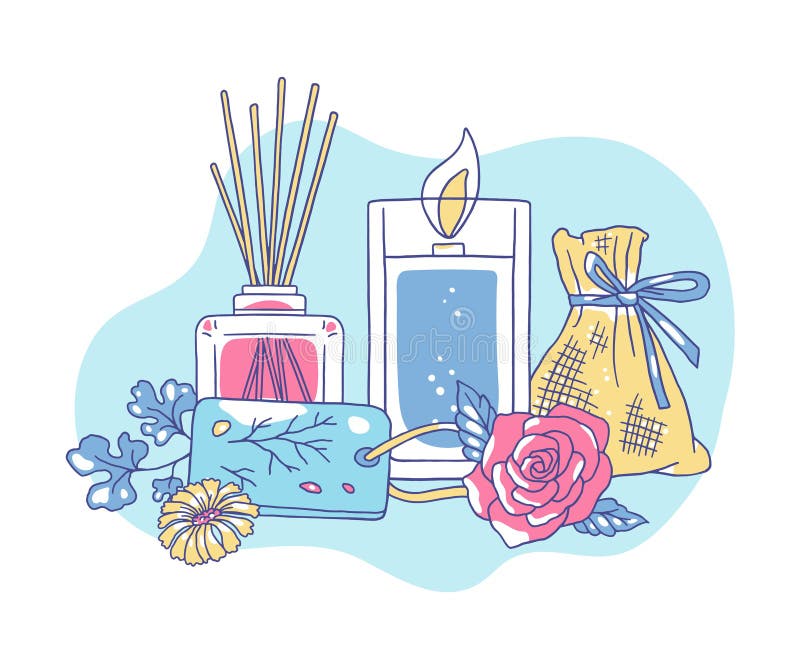 Vector Illustration of Spa Accessories with Candle, Diffuser, Aroma ...