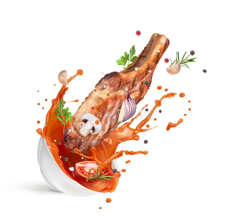 Splash of Ketchup in a White Plate with Meat and Spices Stock Vector ...