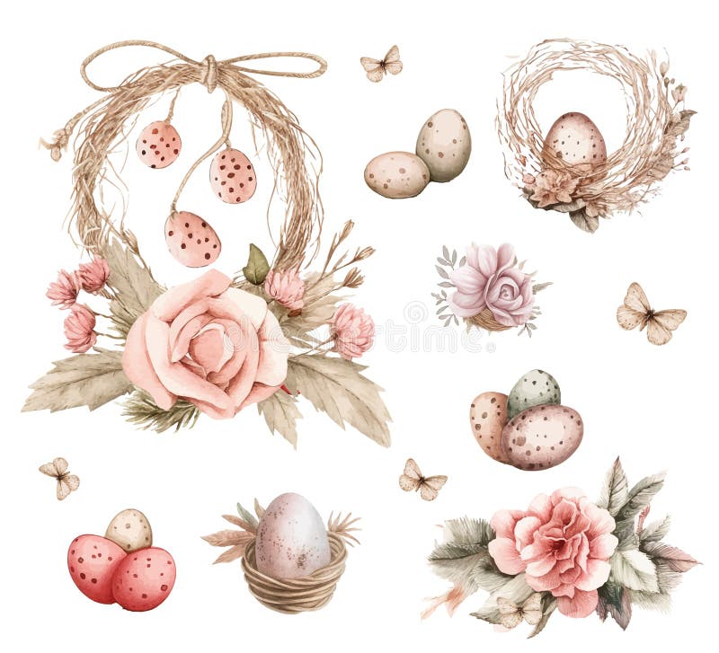Vector Illustration of a Spring Set of Easter Eggs, Flowers, Twigs, Delicate Pastel Shades Stock ...