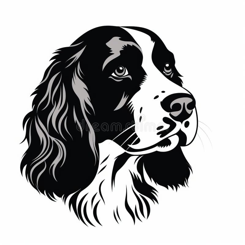 Springer Spaniel Dog Head Vector Illustration in Light White and Black ...