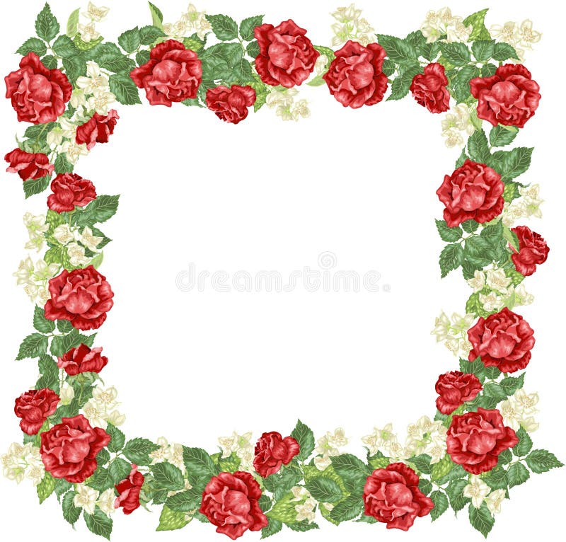 Vector Illustration Square Frame with Roses and Jasmine Flowers Stock ...