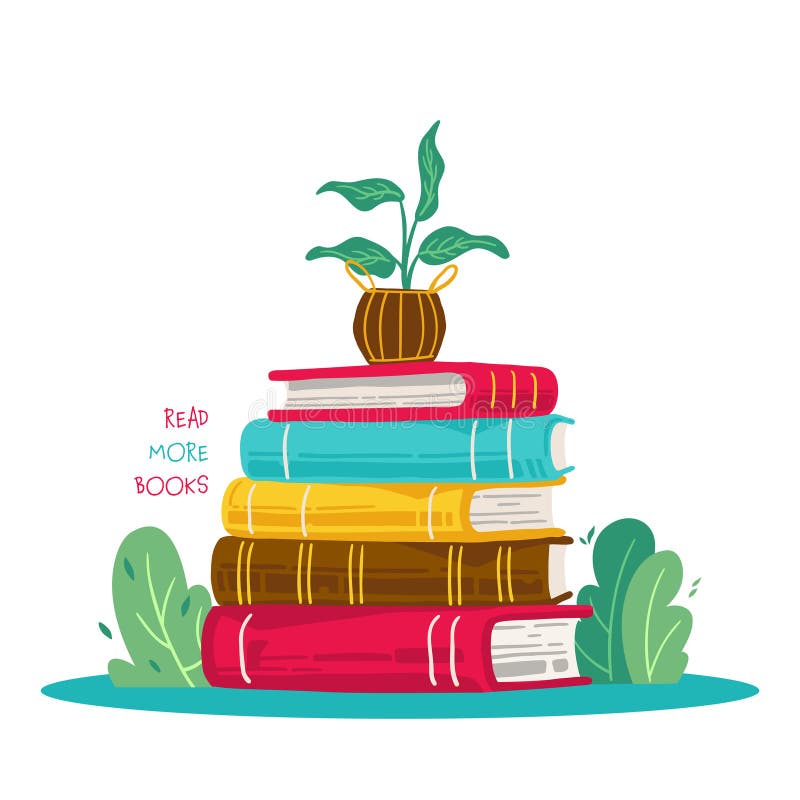 Vector Illustration of a Stack of Books with a Plant in a Pot Stock ...