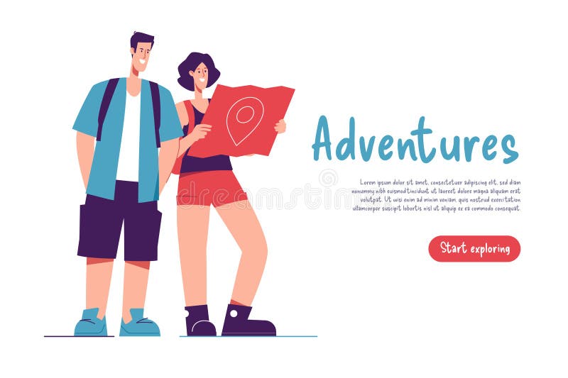 Vector Illustration of a Standing Couple of Tourists Travelera Looking ...
