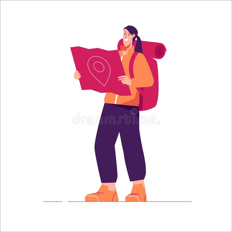 Vector Illustration of a Standing Woman Traveler Looking at the Map ...