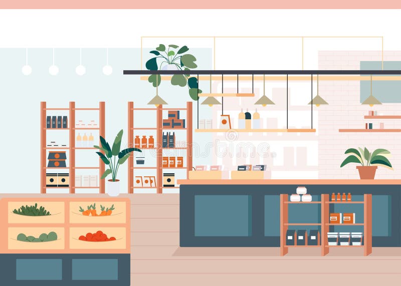 Vector Illustration of Store Interior Design and Layout. Shelves and ...