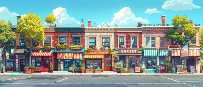 Vector Illustration of a Street Lined with Shop Buildings Stock ...
