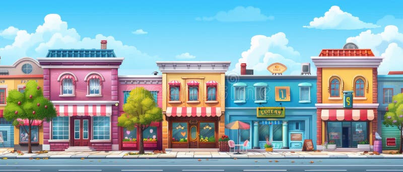 Vector Illustration of a Street Lined with Shop Buildings Stock ...