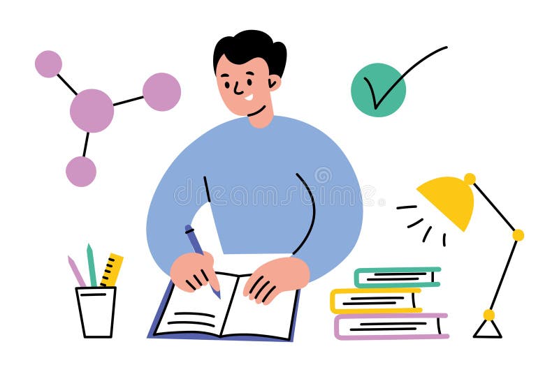 Vector Illustration of a Student Doing Homework, Writing in a Notebook ...