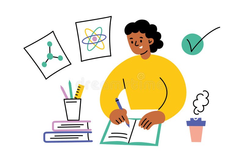 Vector Illustration of a Student Doing Homework, Writing in a Notebook ...