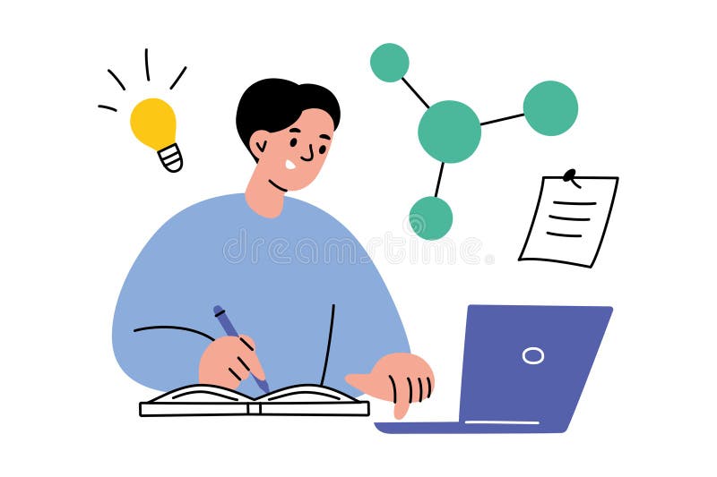 Vector Illustration of a Student Preparing for Exam, Reading from ...