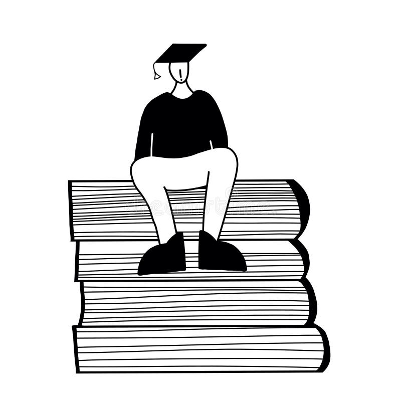 Vector Illustration Student Sitting on Books. Cartoon Character Stock ...