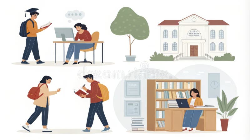 Vector Illustration of Students in a Flat Design, Walking and Studying ...