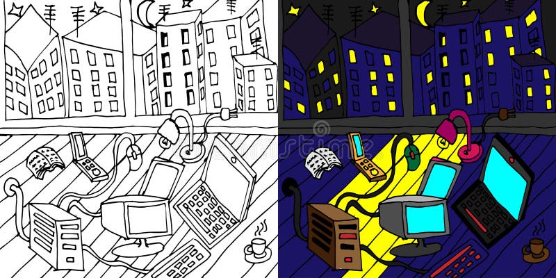 Night Office Desk Concept with Office Elements in the Flat. Stock ...