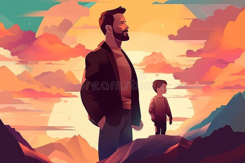 Vector Illustration Style Father And Son Generative Ai Stock