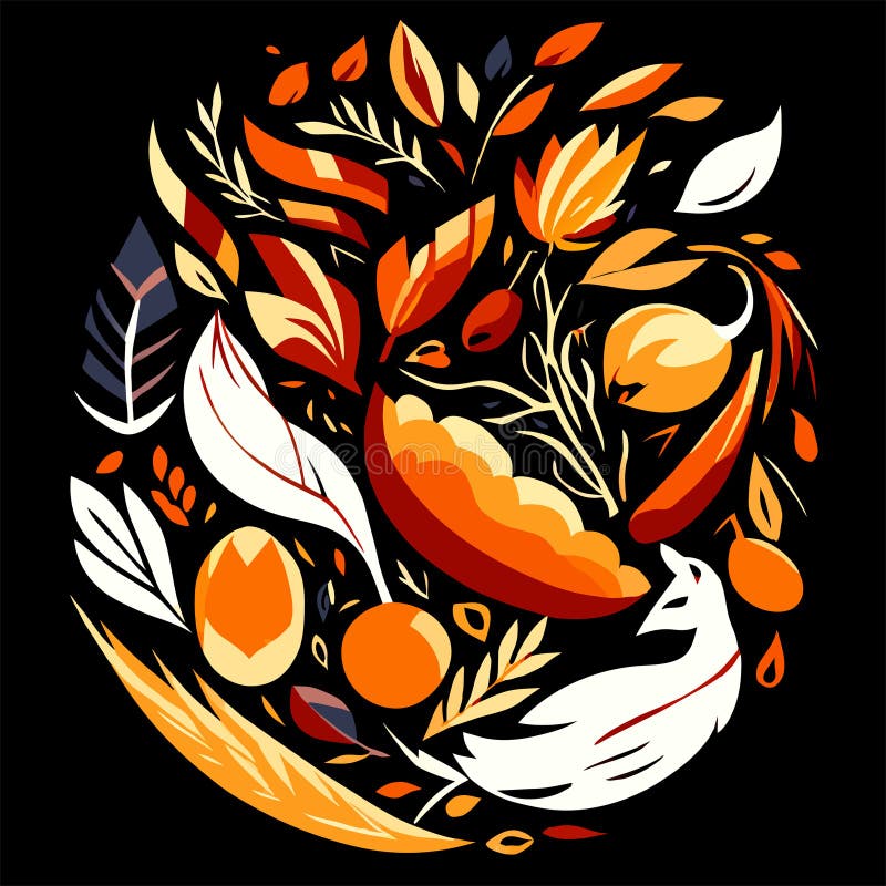 Vector Illustration of a Stylized Fox with Feathers and Flowers on a ...