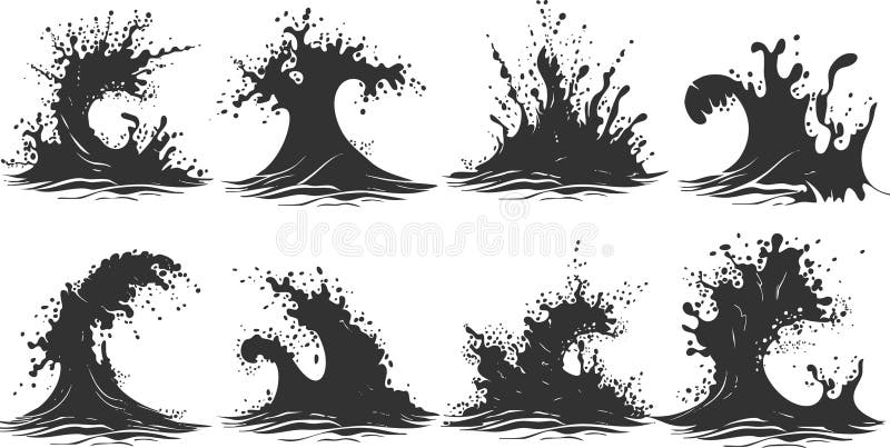 Vector Illustration of Stylized Ocean Wave Silhouettes in Black. Stock ...