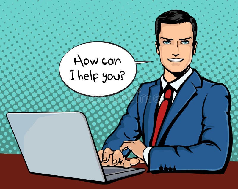 Vector Illustration of Successful Businessman with Computer in Pop Art ...