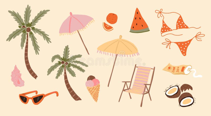 Vector Illustration of Summer Doodle Elements with Palm Trees, Bikini, Fruit, Ice Cream, Beach ...