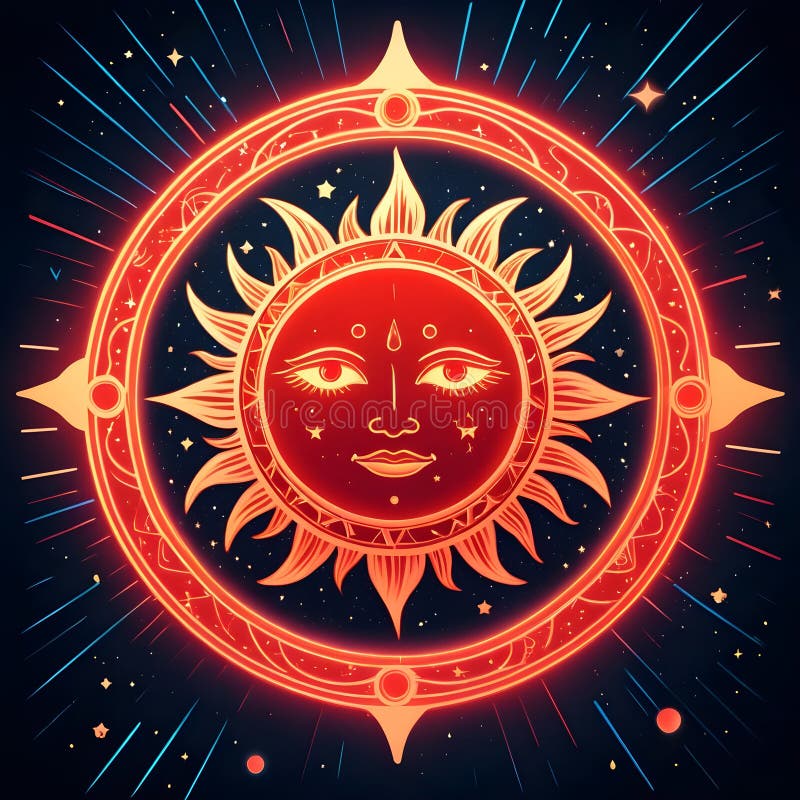 A Vector Illustration of a Sun with Face Surrounded by Celestial and ...