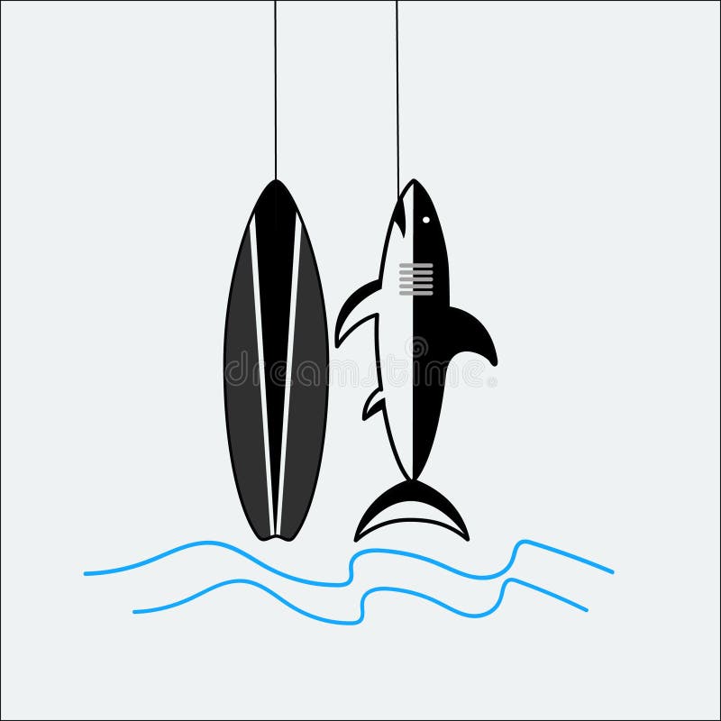 Vector Illustration of Surfboard, Wave and Shark Icons Stock ...