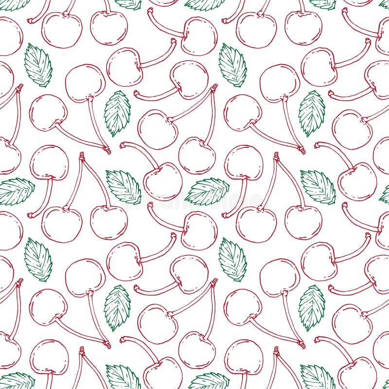 Sweet Fresh Red Cherry Fruit Repeat Seamless Pattern Doodle Cartoon ...