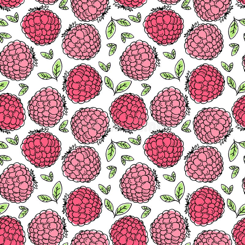 Sweet Fresh Red Pink Raspberry Fruit Repeat Seamless Pattern Doodle ...